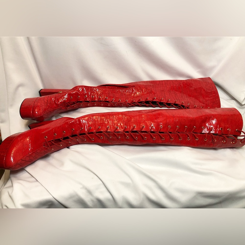 Fire Red Faux Crocodile Thigh High Platform Boots. - Gem